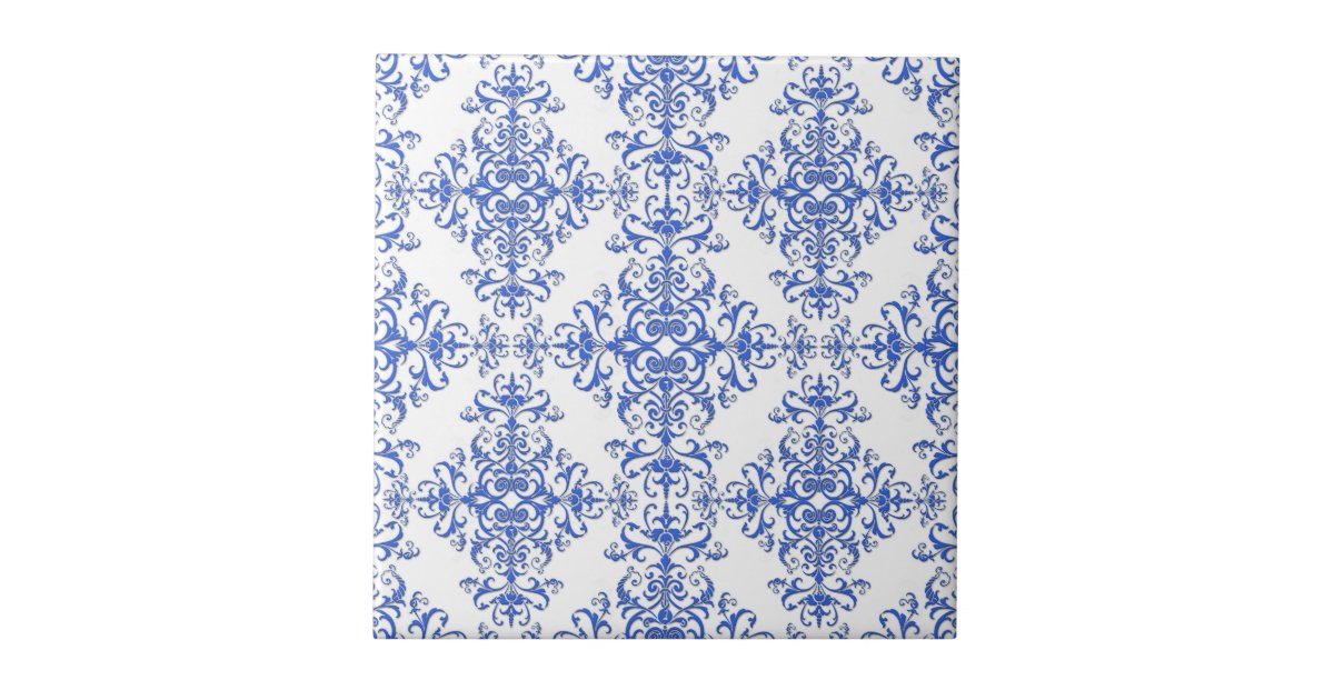 Elegant Cobalt Blue and White Floral Style Damask Ceramic Tile | Zazzle