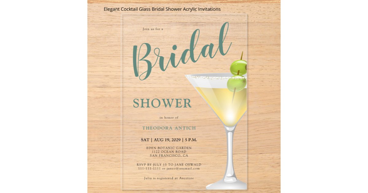 Elegant Cocktail Glass Bridal Shower Acrylic Invitations | Zazzle