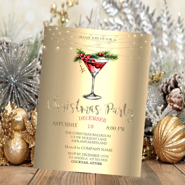 Elegant Cocktail,String Lights Gold Christmas Invitation | Zazzle