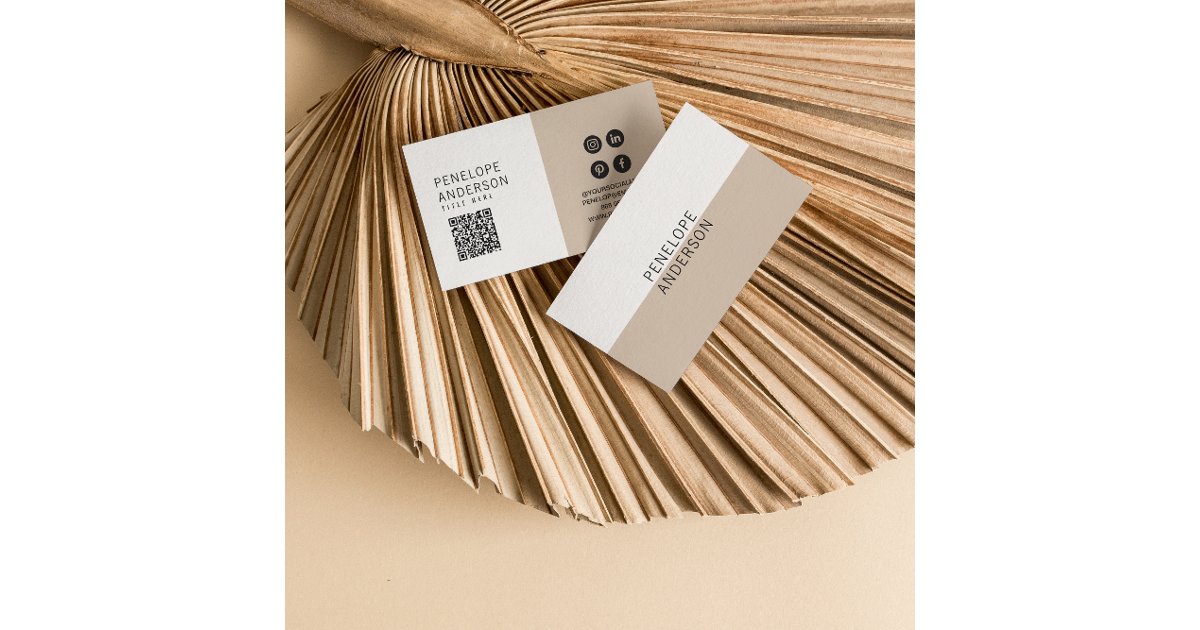 Elegant Cocoa Cream Minimalist QR Code Modern Boho Business Card | Zazzle