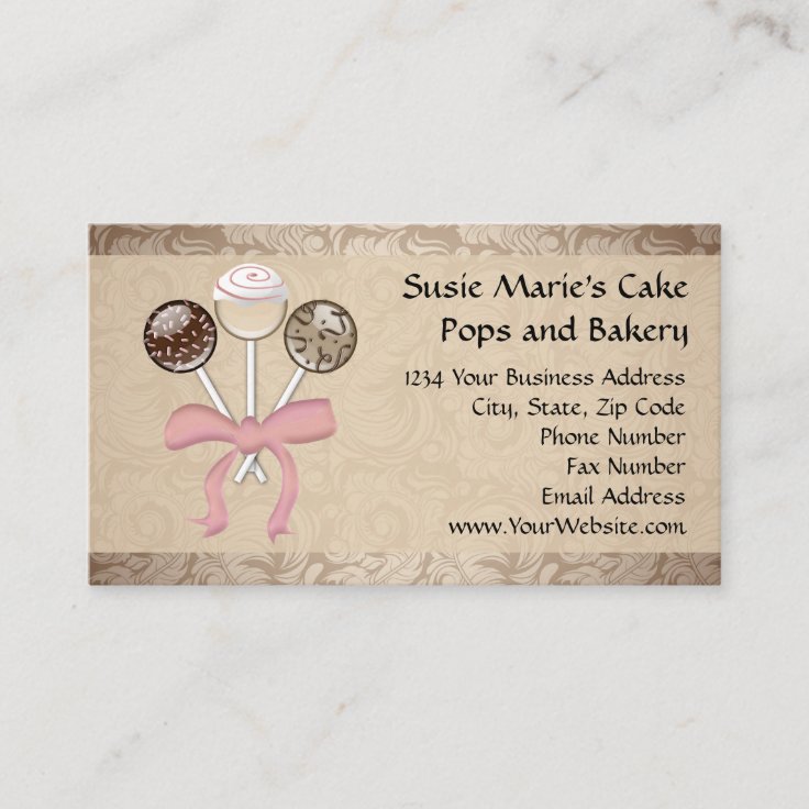 Elegant Cocoa Damask Cake Pop Bakery Business Card | Zazzle
