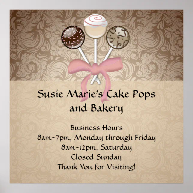 Elegant Cocoa Damask Cake Pop Poster | Zazzle