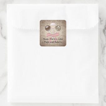 Elegant Cocoa Damask Cake Pop Square Sticker Label | Zazzle