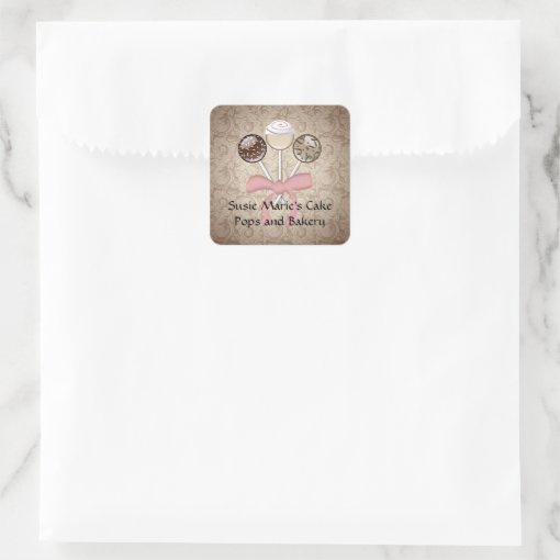Elegant Cocoa Damask Cake Pop Square Sticker Label | Zazzle