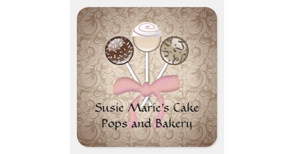 Elegant Cocoa Damask Cake Pop Square Sticker Label | Zazzle