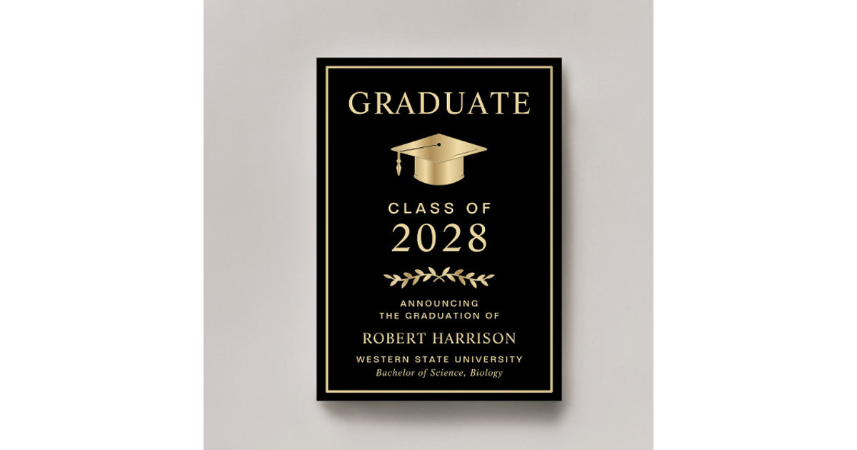 Elegant College Black Gold Graduation Announcement | Zazzle
