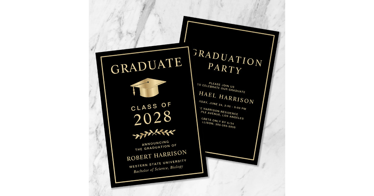 Elegant College Black Gold Graduation Party Invitation | Zazzle