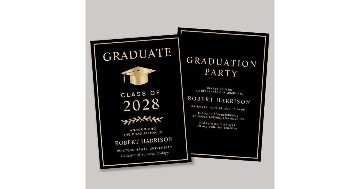 Elegant College Black Gold Graduation Party Invitation | Zazzle