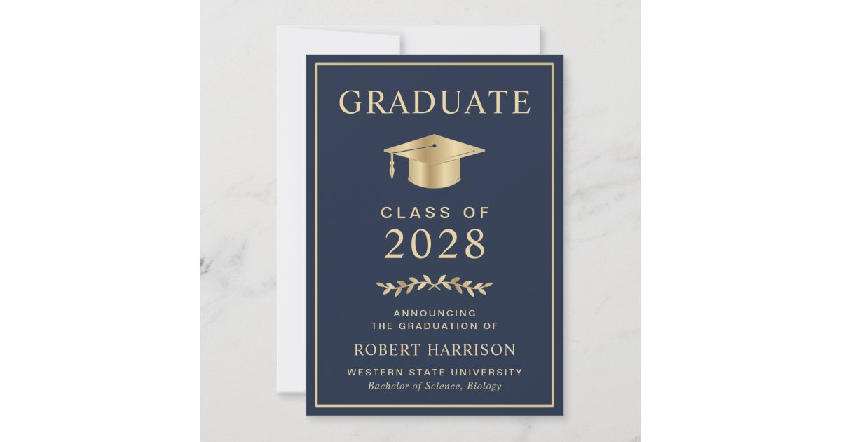 Elegant College Blue Gold Graduation Announcement | Zazzle