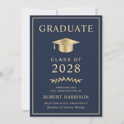 Elegant College Blue Gold Graduation Party Invitation | Zazzle