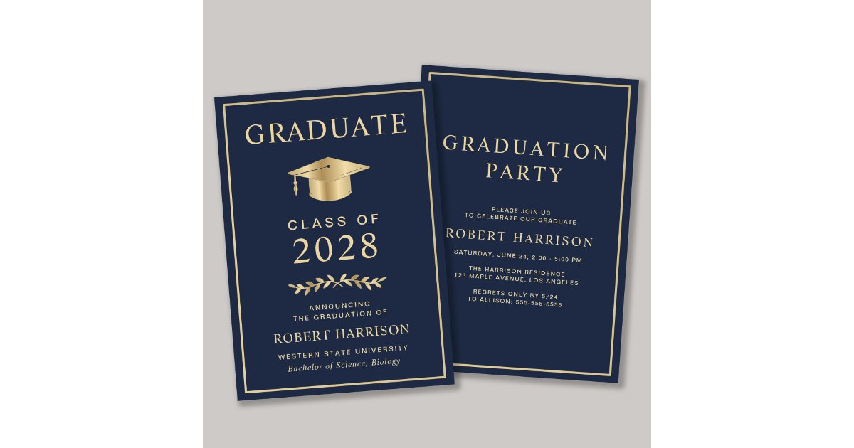 Elegant College Blue Gold Graduation Party Invitation | Zazzle
