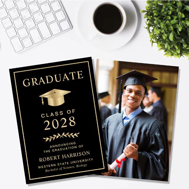 Elegant College Photo Black Gold Graduation Announcement | Zazzle