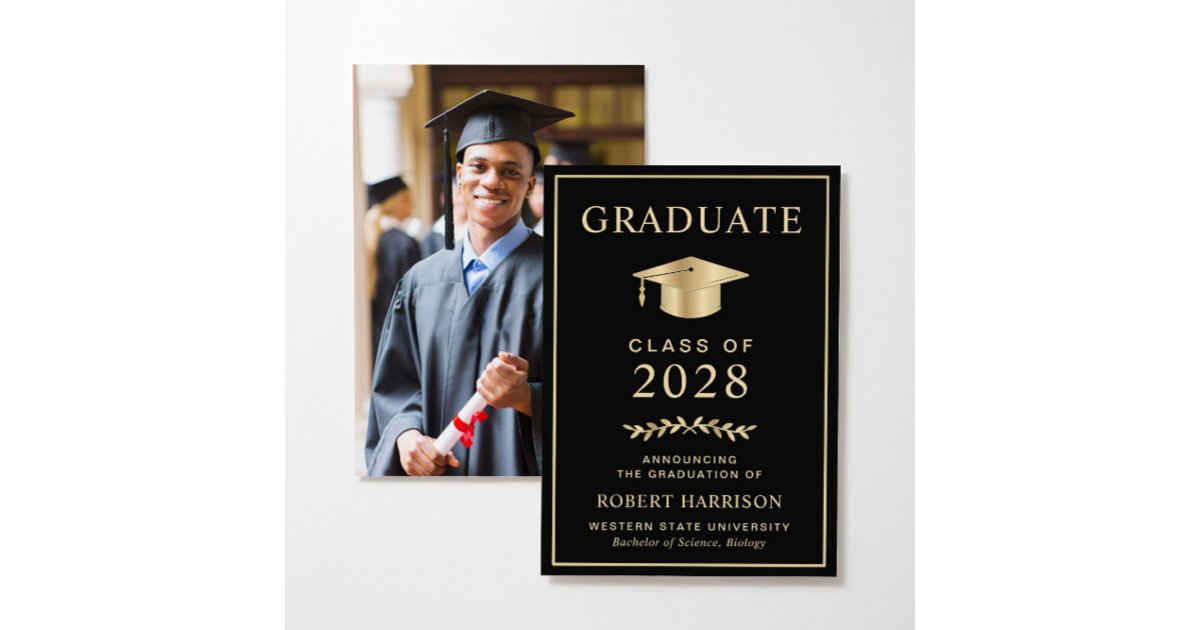 Elegant College Photo Black Gold Graduation Announcement | Zazzle