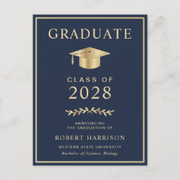 Elegant College Photo Blue Gold Graduation Announcement Postcard | Zazzle
