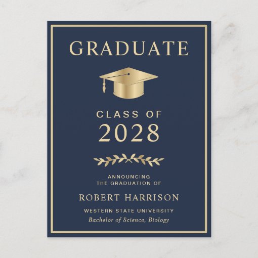 Elegant College Photo Blue Gold Graduation Announcement Postcard | Zazzle