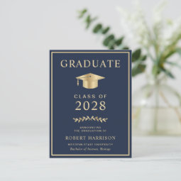 Elegant College Photo Blue Gold Graduation Announcement Postcard | Zazzle