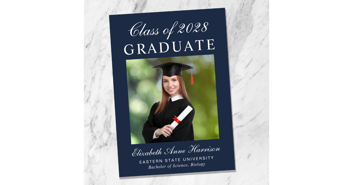 Elegant College Photo Blue Graduation Announcement | Zazzle