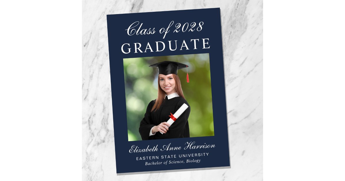 Elegant College Photo Blue Graduation Announcement | Zazzle