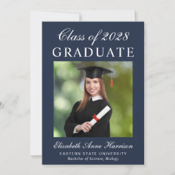 Elegant College Photo Blue Graduation Announcement | Zazzle
