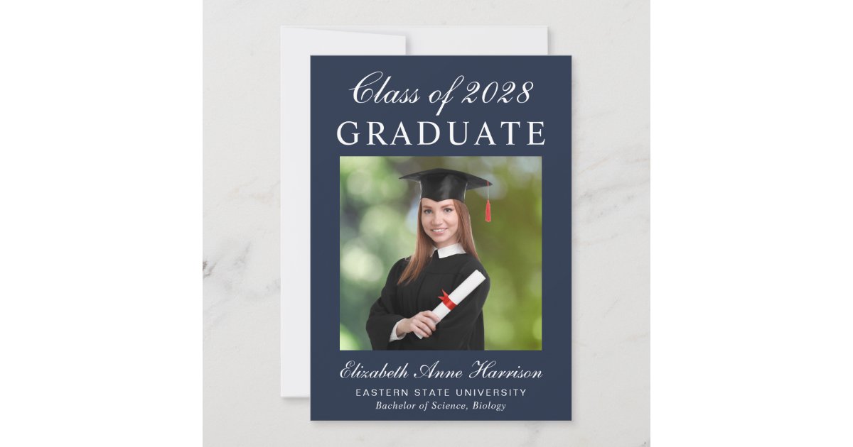 Elegant College Photo Blue Graduation Announcement | Zazzle