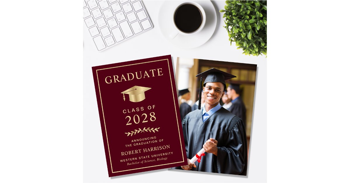 Elegant College Photo Burgundy Gold Graduation Announcement | Zazzle