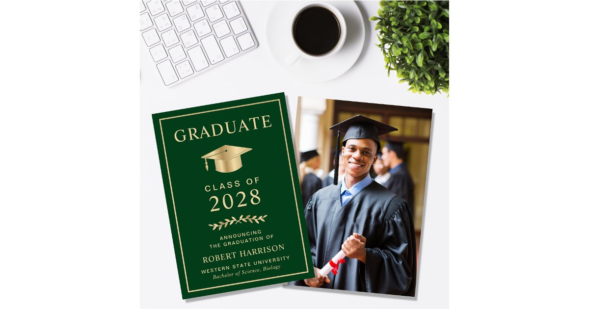 Elegant College Photo Green Gold Graduation Announcement | Zazzle