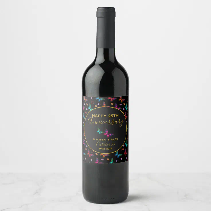 Elegant Colorful Butterflies on Black Anniversary Wine Label | Zazzle