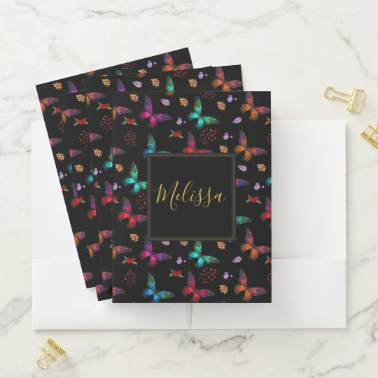 Elegant Colorful Butterflies on Black Custom Pocket Folder | Zazzle.com