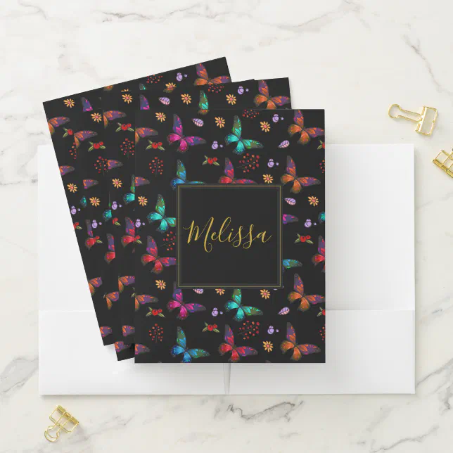 Elegant Colorful Butterflies on Black Custom Pocket Folder | Zazzle