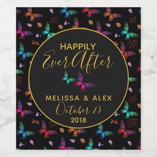 Elegant Colorful Butterflies on Black Wedding Wine Label | Zazzle