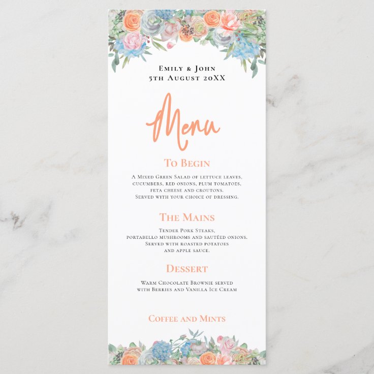 Elegant Colorful Floral Leaves Border Wedding Menu | Zazzle