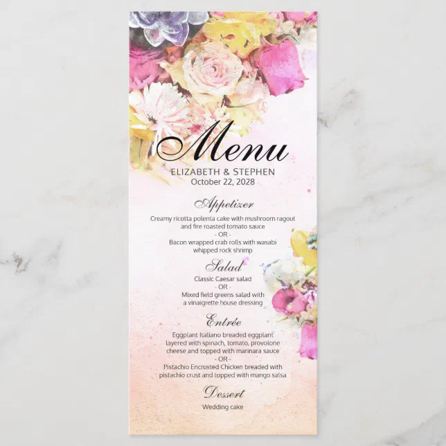 Elegant Colorful Watercolor Flowers Wedding Menu | Zazzle