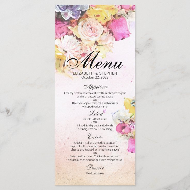 Elegant Colorful Watercolor Flowers Wedding Menu | Zazzle
