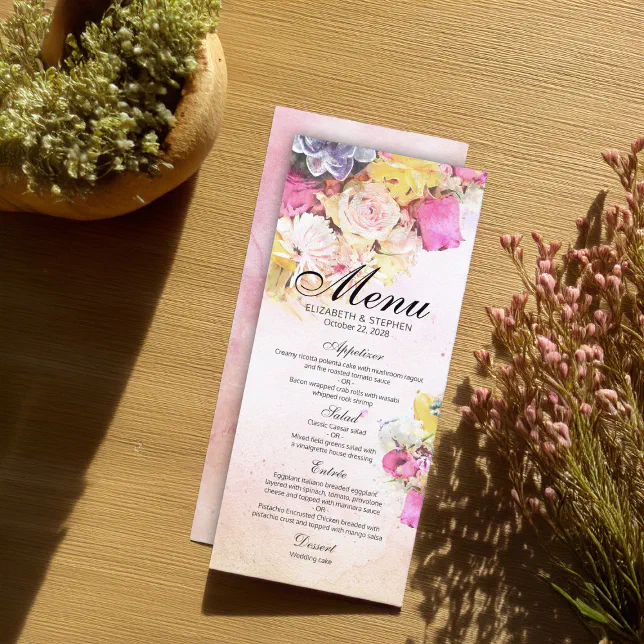 Elegant Colorful Watercolor Flowers Wedding Menu | Zazzle