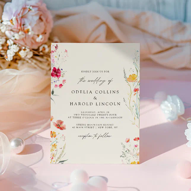 Elegant Colorful Wildflower Cream Wedding Invitation | Zazzle