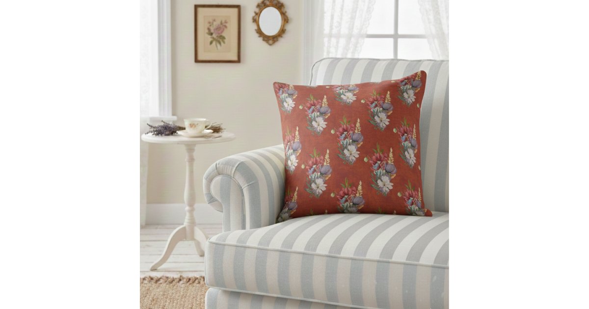 Elegant Colorful Wildflowers On Dusty Red Throw Pillow | Zazzle