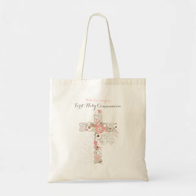Elegant Communion Floral Cross Tote Bag | Zazzle