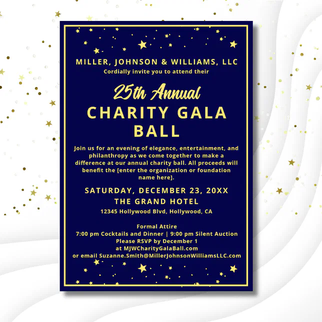 Elegant Company Charity Gala Ball Blue Gold Invitation | Zazzle