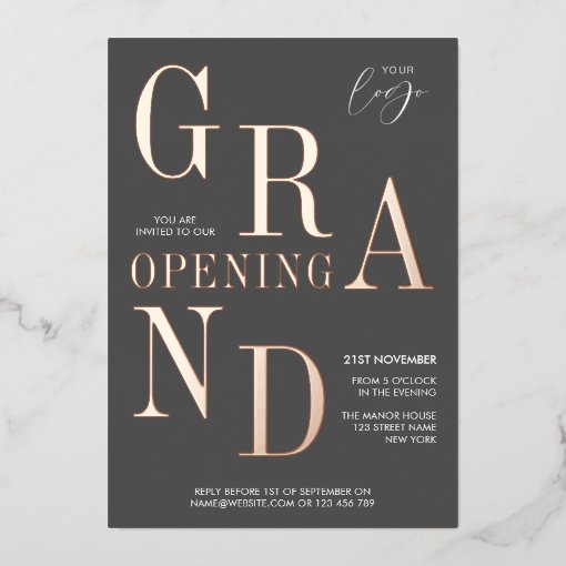 Elegant Company Launch Party Logo Grey & Rose Gold Foil Invitation | Zazzle