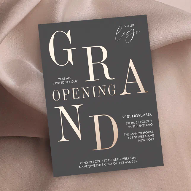 Elegant Company Launch Party Logo Grey & Rose Gold Foil Invitation | Zazzle