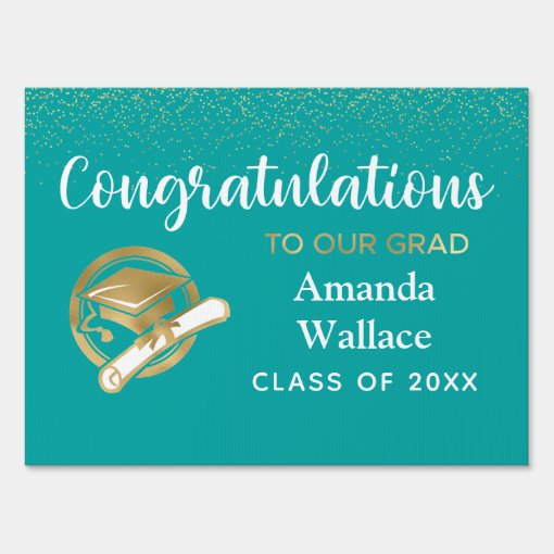 Elegant Confetti Teal Gold Graduation Sign | Zazzle