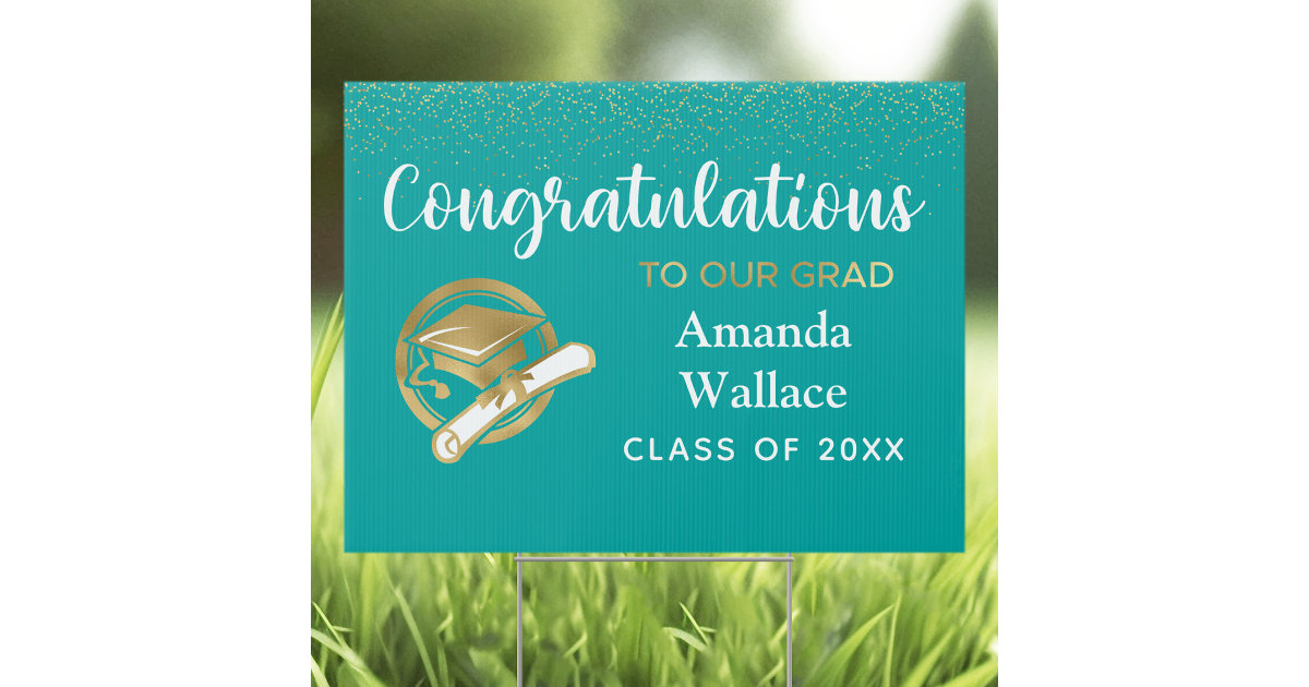 Elegant Confetti Teal Gold Graduation Sign | Zazzle