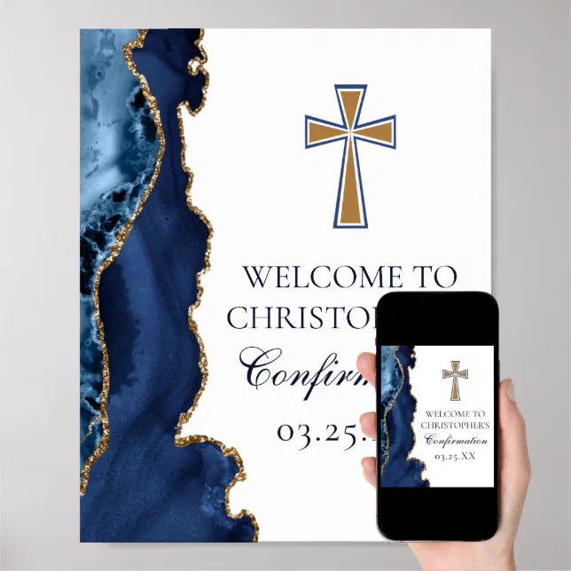 Elegant Confirmation Cross Navy Blue Gold Agate Poster | Zazzle