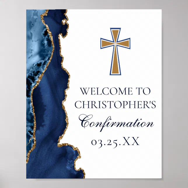 Elegant Confirmation Cross Navy Blue Gold Agate Poster | Zazzle