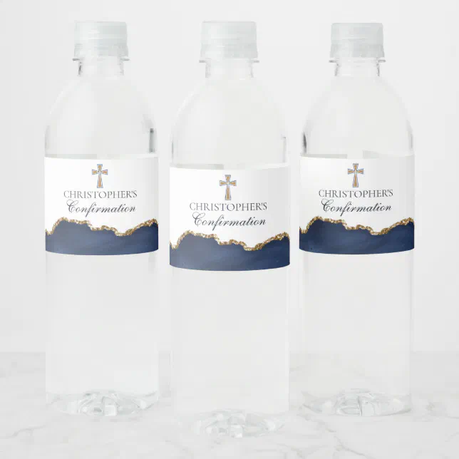 Elegant Confirmation Cross Navy Blue Gold Agate Water Bottle Label | Zazzle