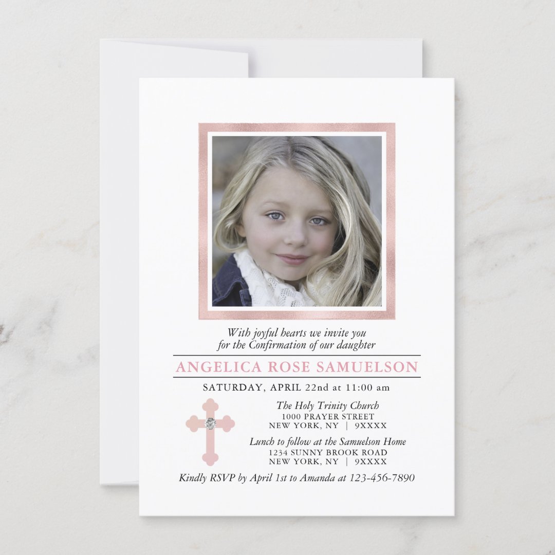 Elegant Confirmation Cross Pink Girl | PHOTO Invitation | Zazzle