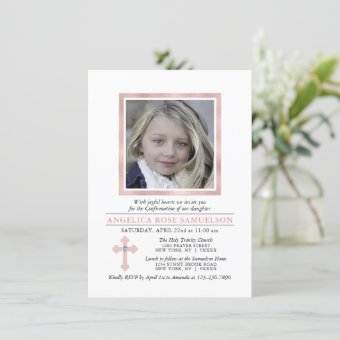 Elegant Confirmation Cross Pink Girl | PHOTO Invitation | Zazzle