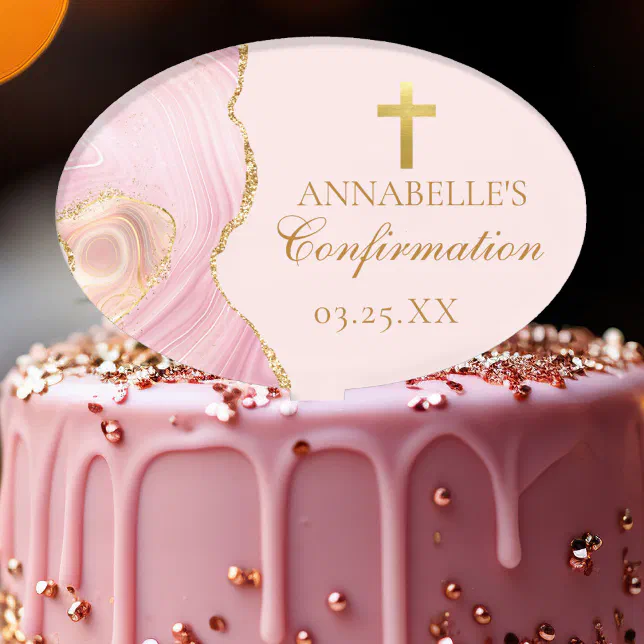 Elegant Confirmation Cross Pink Gold Agate Custom Cake Topper | Zazzle