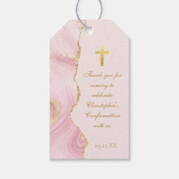 Elegant Confirmation Cross Pink Gold Agate Custom Gift Tags | Zazzle