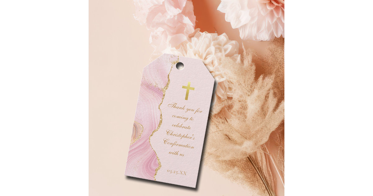 Elegant Confirmation Cross Pink Gold Agate Custom Gift Tags | Zazzle